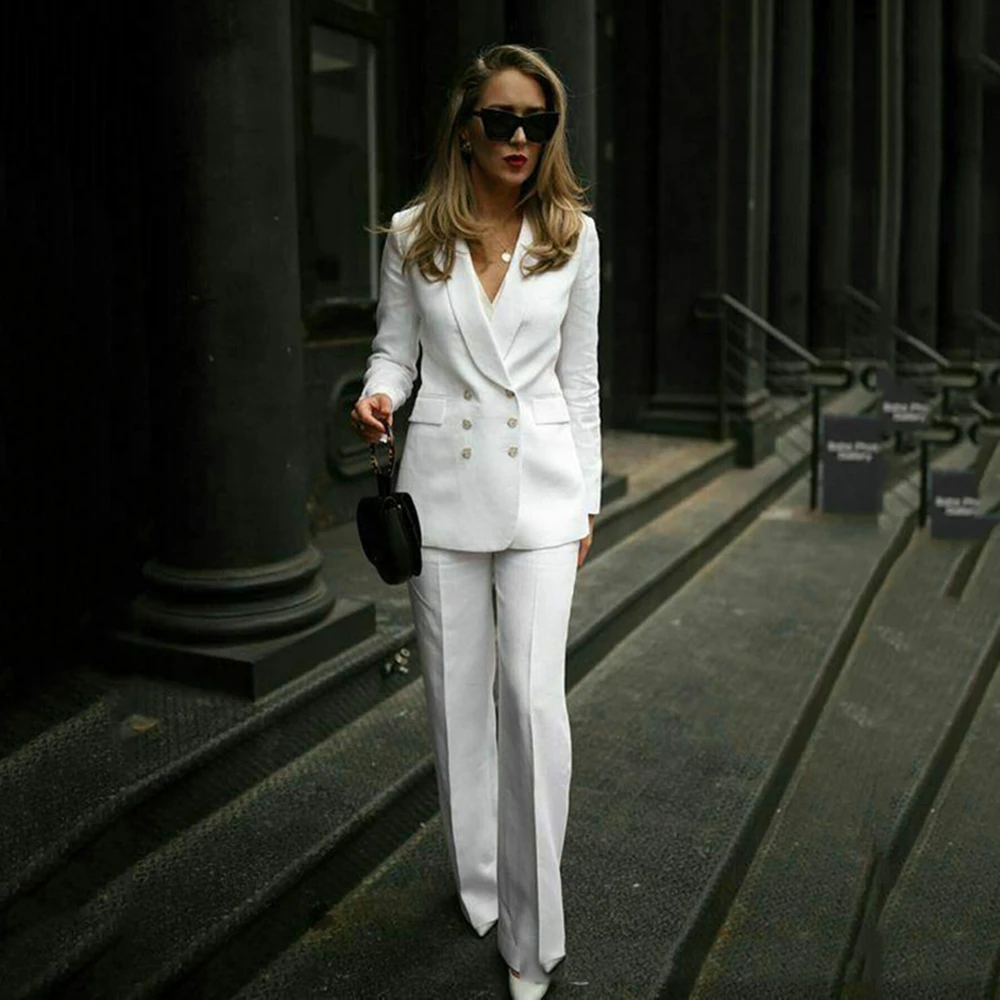 Womens White Formal Pant Suits For Women Office Ladies Double Breasted ...