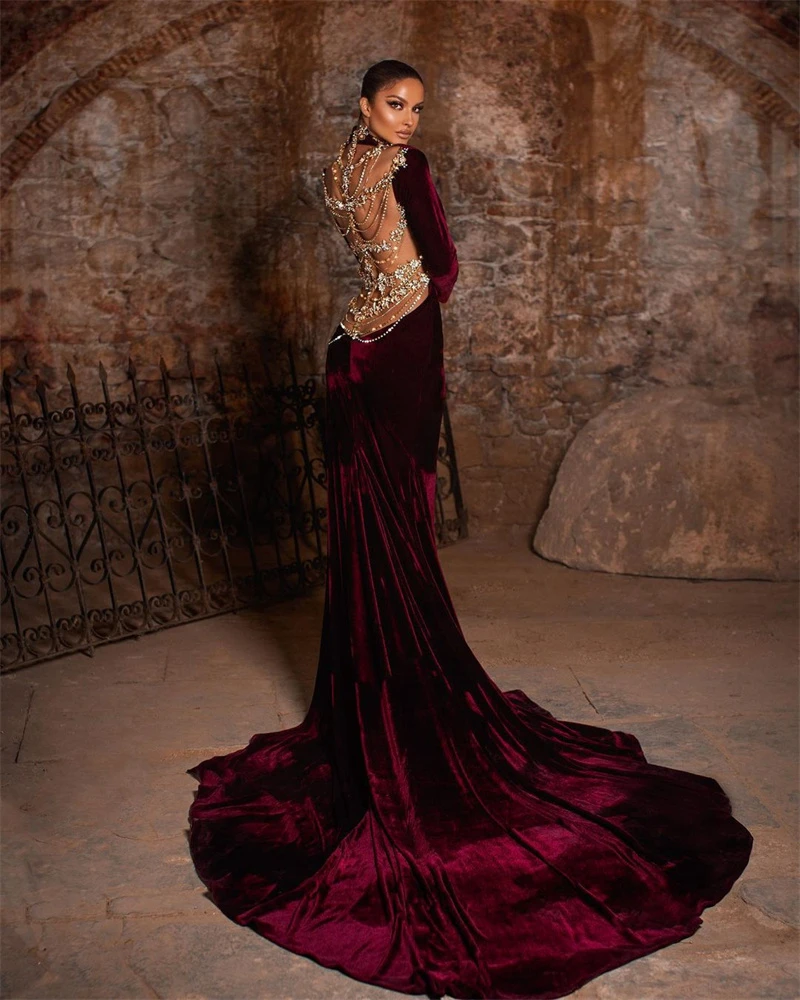 Dark Red Velvet Prom Dresses High Neck Long Sleeves Evening Dress ...