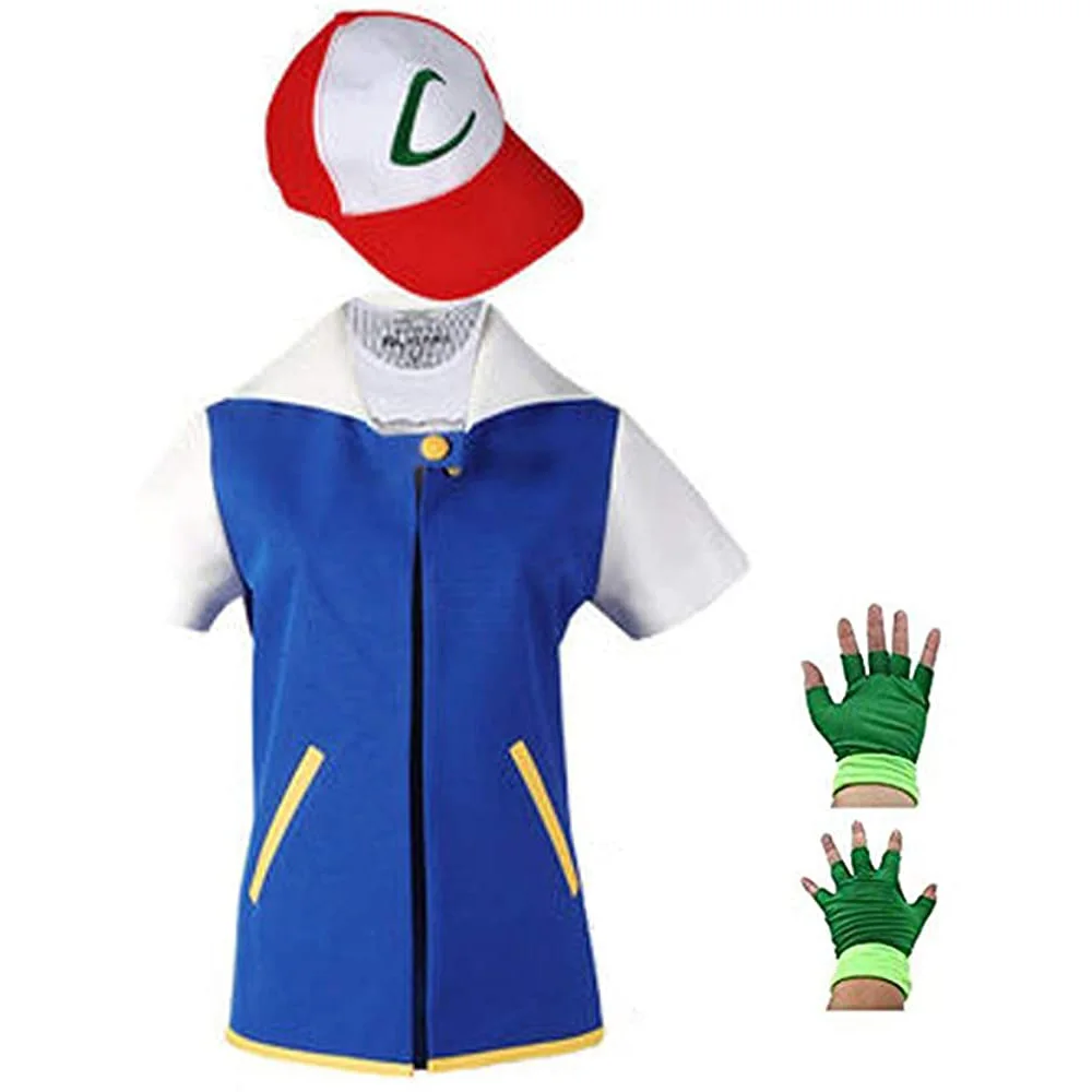Anime Pokemon Ash Ketchum Blue Jacket Hat Gloves Sets Cosplay Costume ...