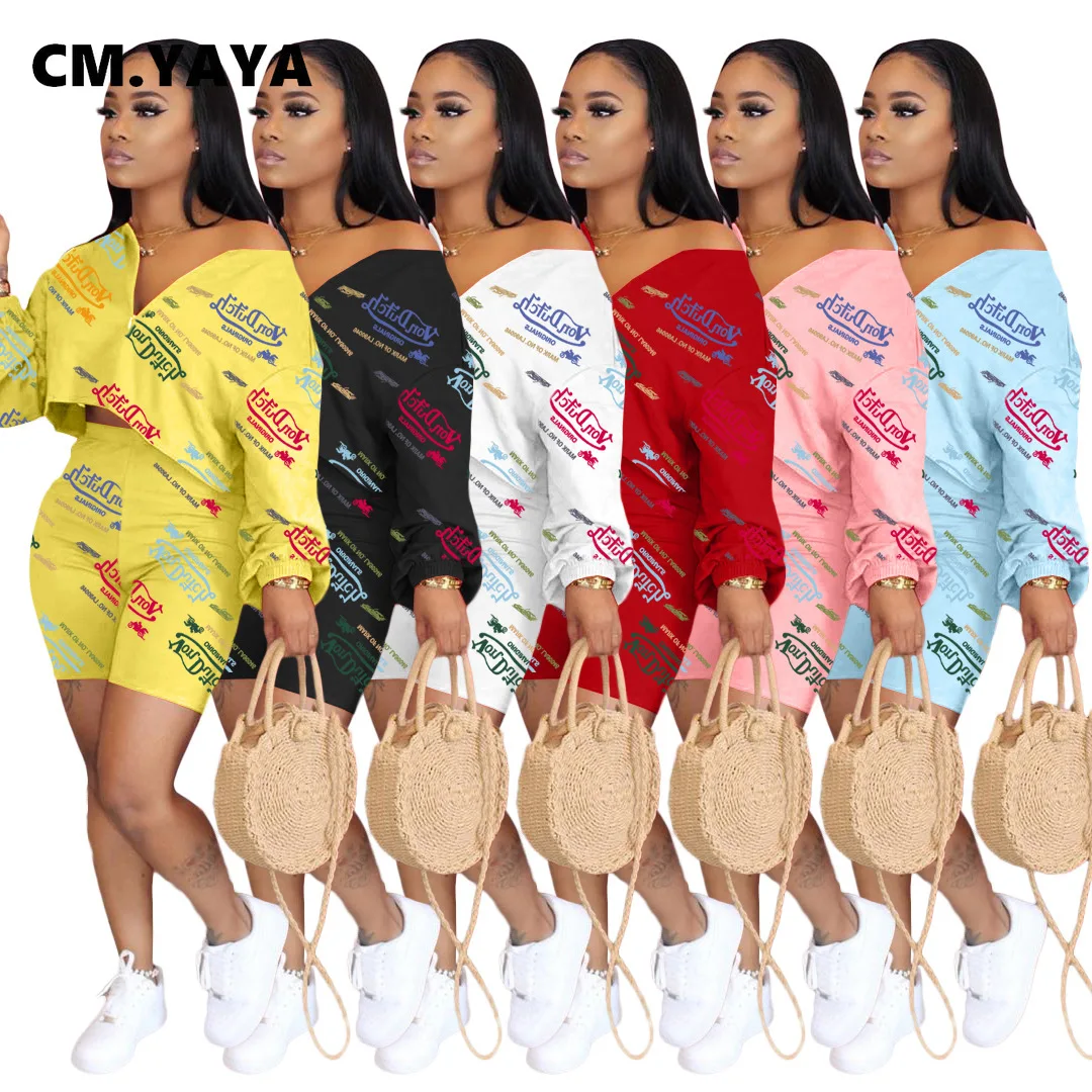 Cm Yaya Letter Print Womens Set Outfits Acitve V Neck Long Sleeve Tops