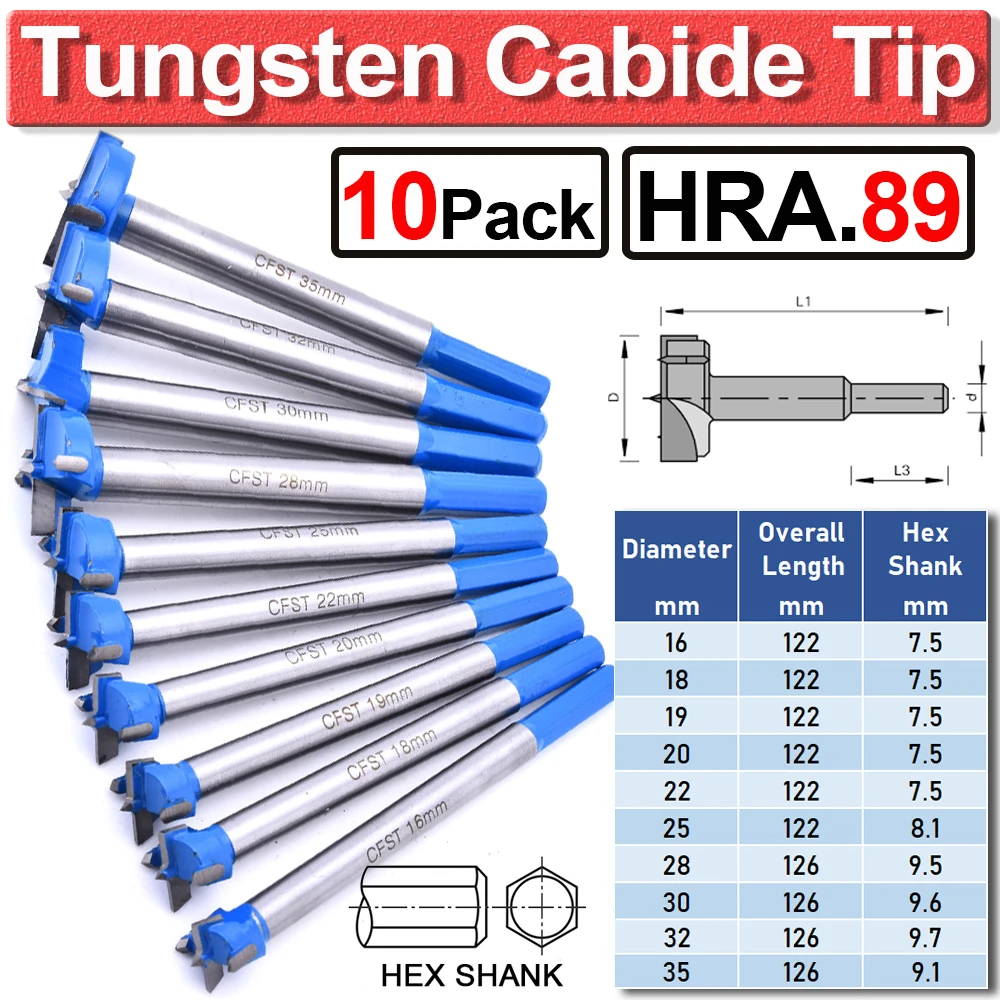Hole Drill Woodworking Carbide Tip Forstner Bit Set Extra Long Hole Saw ...