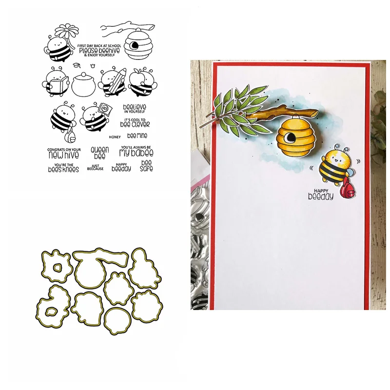 2pcs-lot-Bee-Hive-Bees-Crown-Clear-Stamps-and-Coordinating-Metal-dies ...