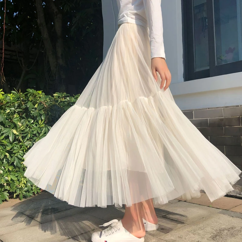 Rok Tulle Panjang Berlipat Hitam Putih Gotik Antik Rok Jala