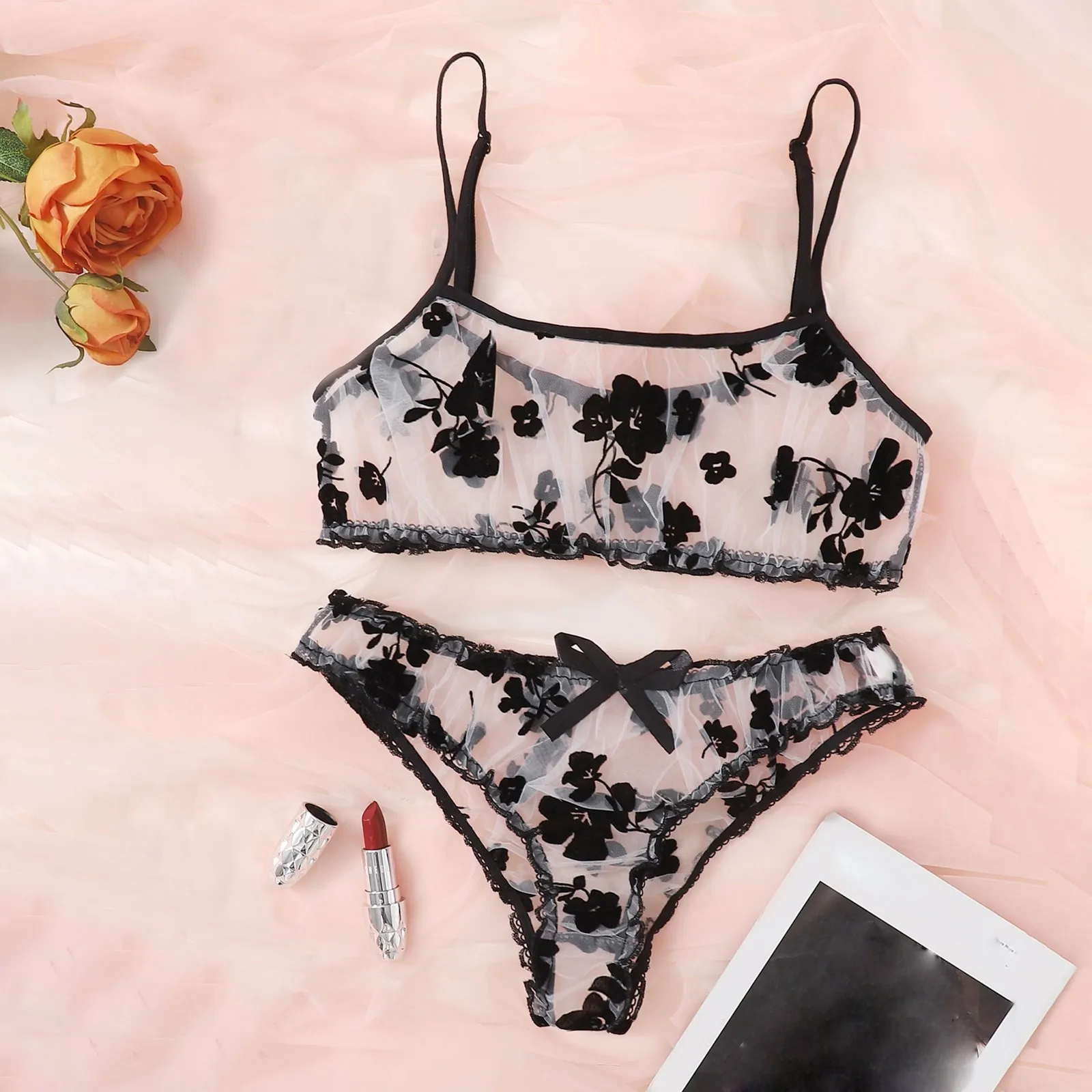 Conjunto de ropa interior Sexy para mujer, sujetador bordado y bragas, Bralette de realce Floral ...