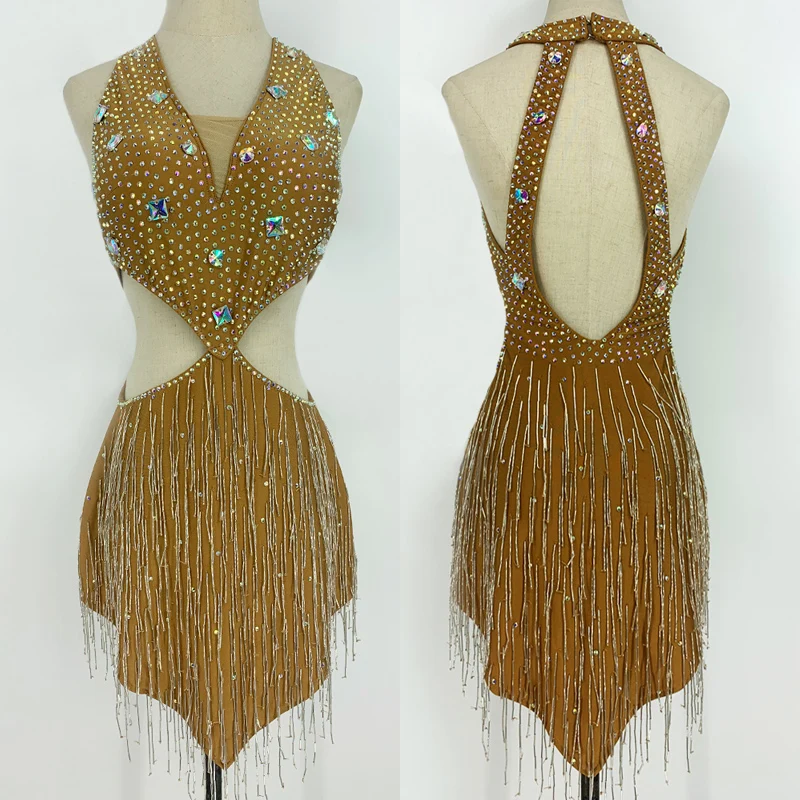 New Latin Dance Dress Sexy Hollow Out Sparkly Rhinestone Tube Tassels ...