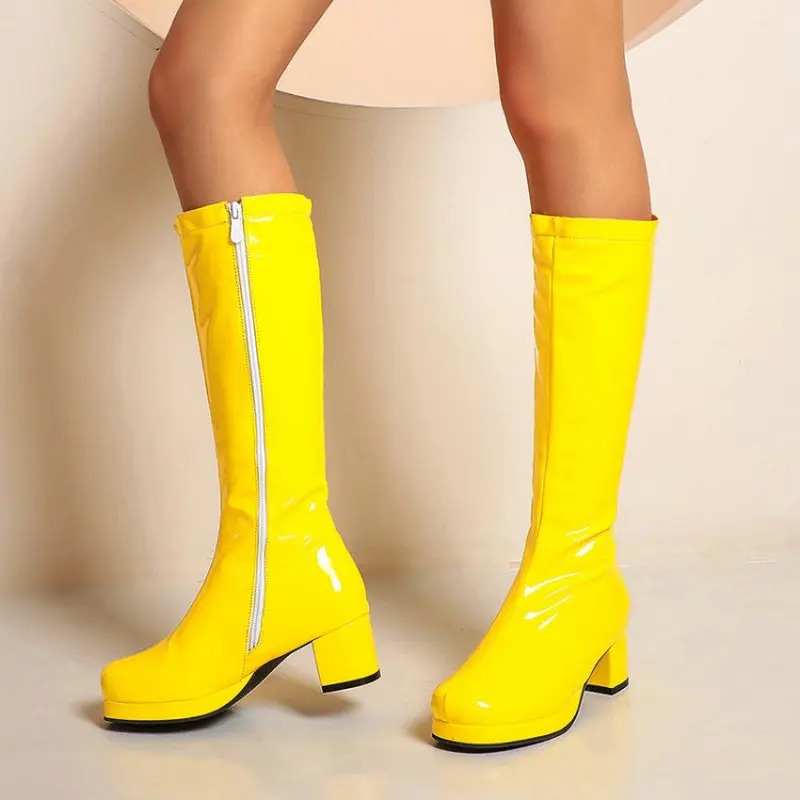 Yellow Platform Boots Women | Pu Leather Knee High Boots | Platform ...
