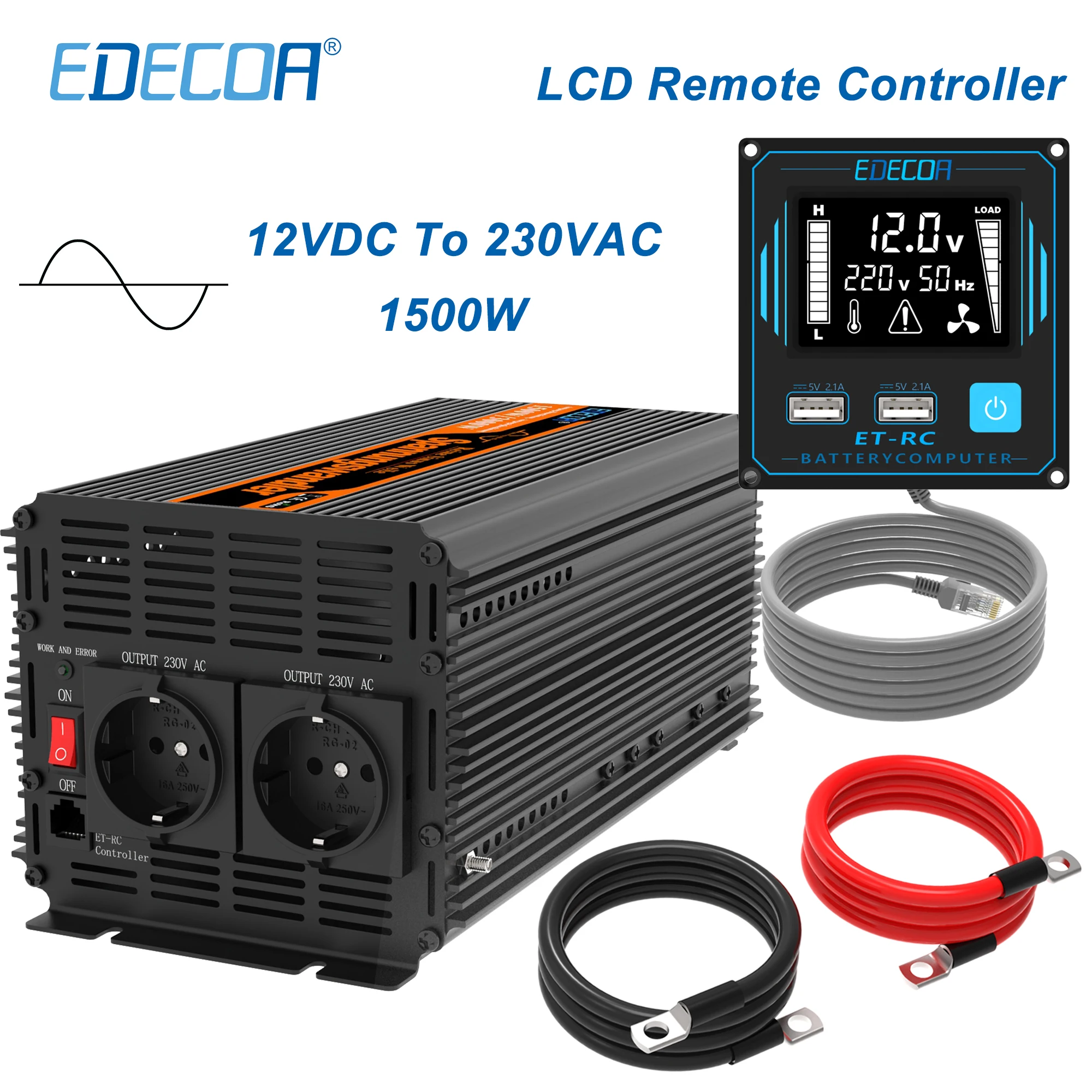 EDECOA – onduleur de puissance à onde sinusoïdale pure 1500W, 12V DC à 220V AC, 230V, avec ...
