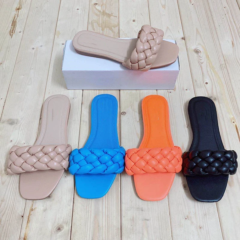 2021 Luxury Weave Leather Women Slippers Low Heels Prom Platform ...