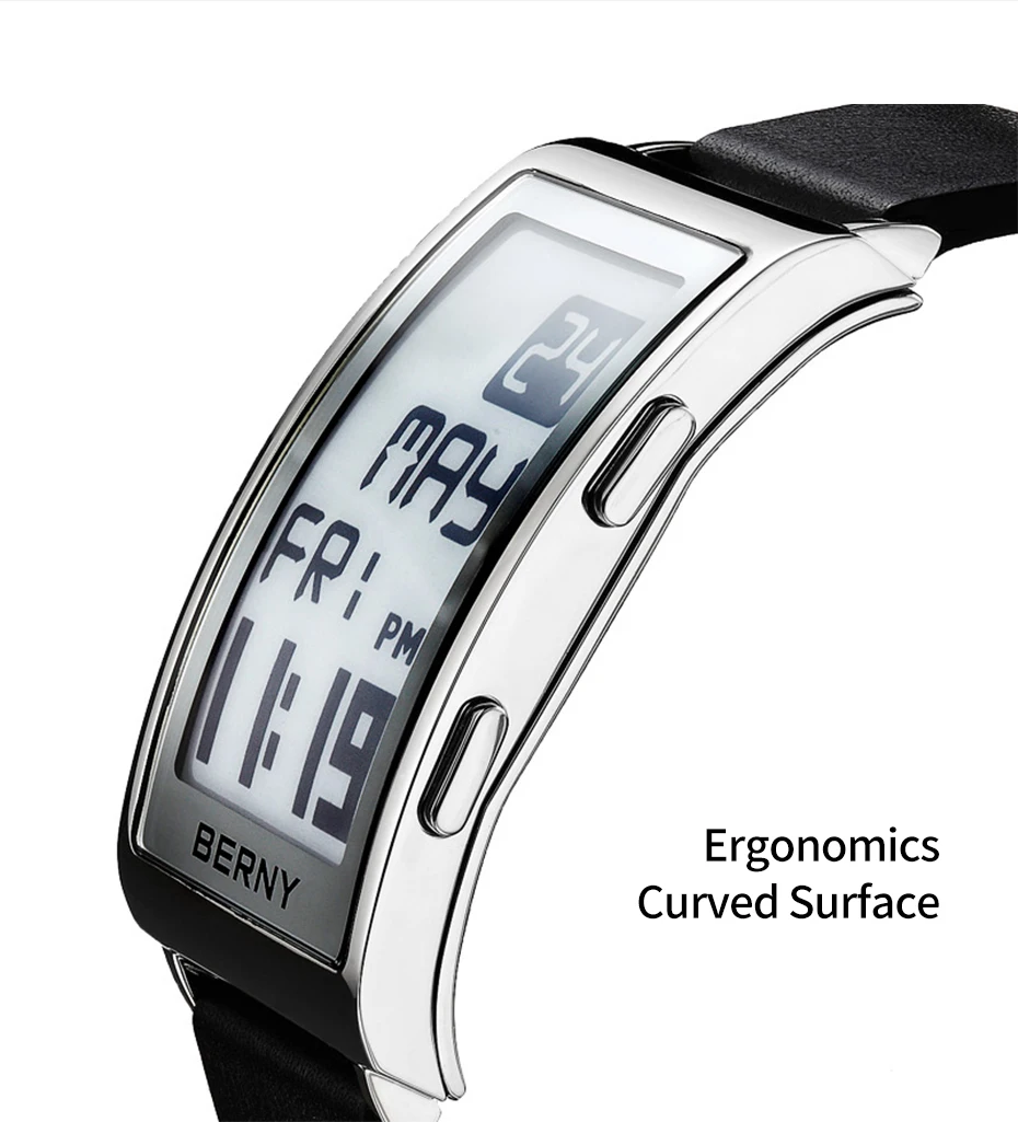 BERNY Men's Digital E-ink E-Paper Module 9mm Thin Curved Square Watch ...