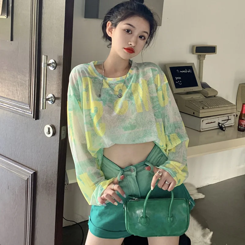 summer Sexy Women T Shirt Slightly transparent Tops Long Sleeve Ice ...