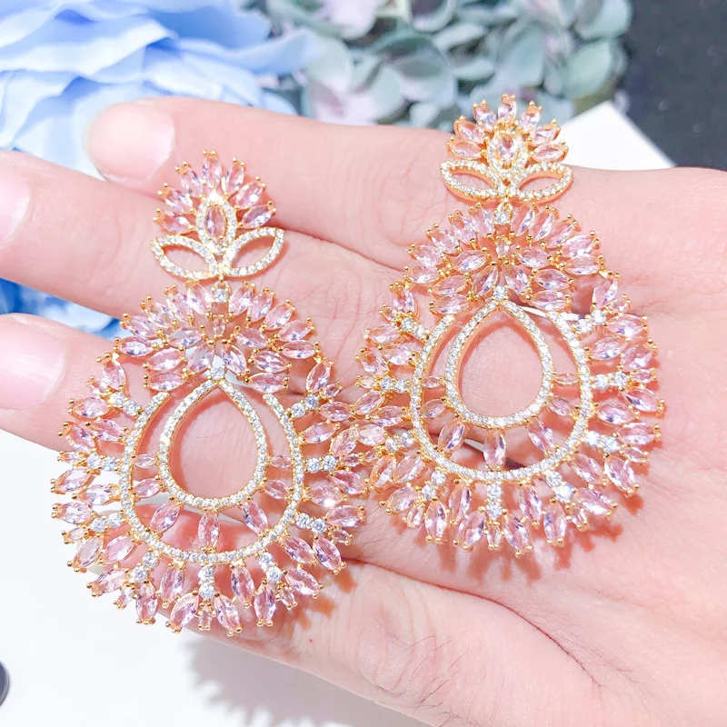 Cwwzircons High Quality Gorgeous Rose Pink Sapphire Silver Big Long Drop Wedding Earrings For Women Fashion Brand Jewelry Cz646 Drop Earrings