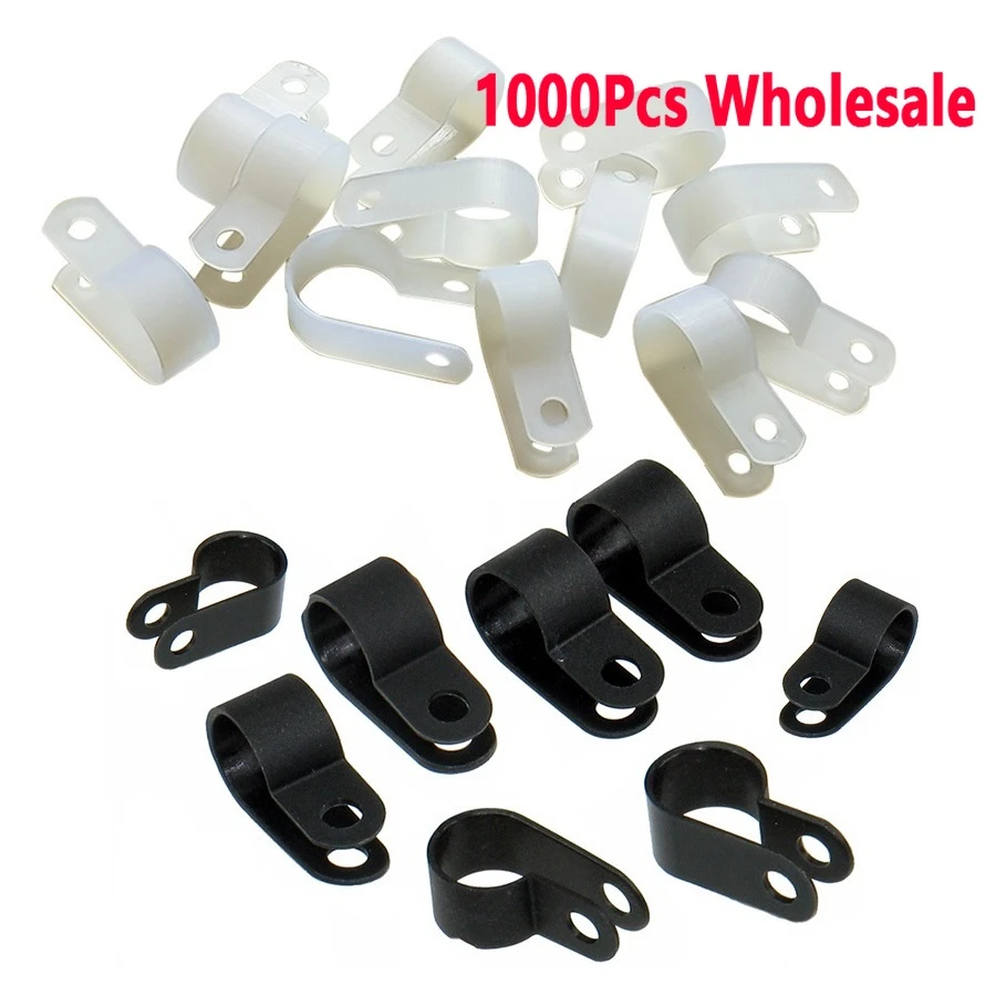 1000pcs Nylon White Black 5.3mm 3/16" Wire Cable Hose P Type R Clamp ...