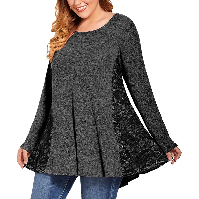 5XL 6XL Plus Size Flowy Tops Women Long Sleeve Lace Patchwork Elegant ...