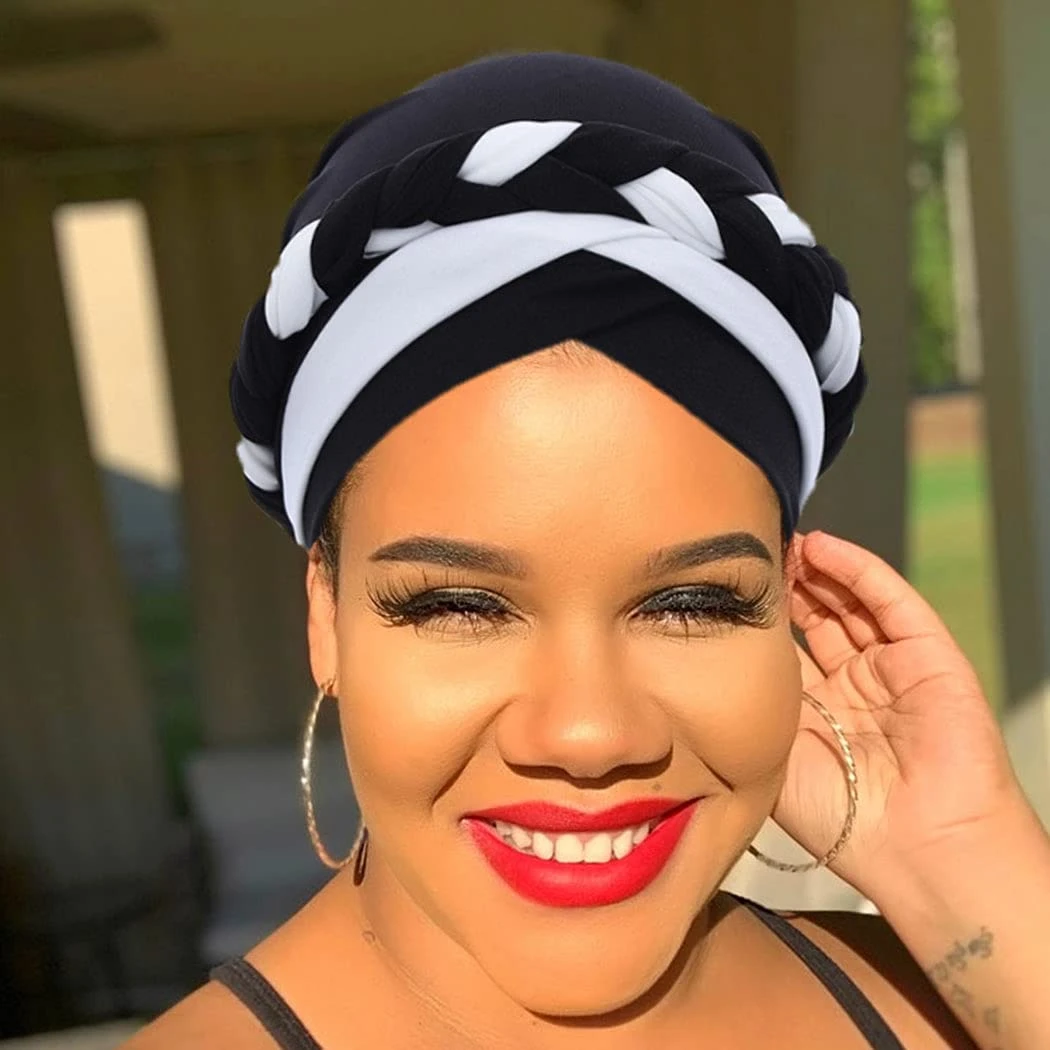 Two-color Soft Stretchy Africa Braid Hijab Caps Muslim Wrap Turban Hat ...
