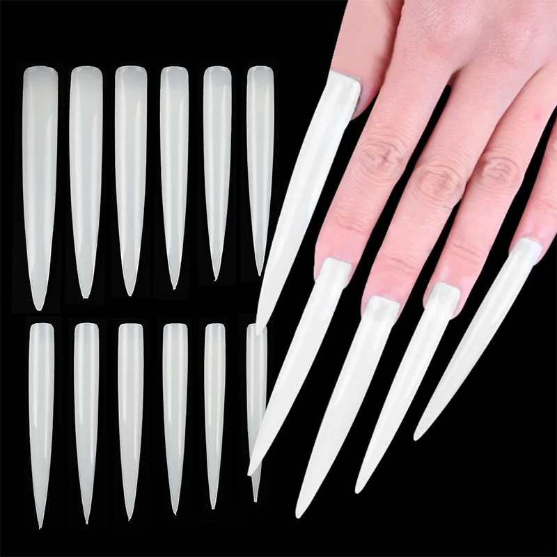 Very-Long-Fake-Nails-Natural-Clear-Full-Cover-Extra-Long-Display-Nail ...