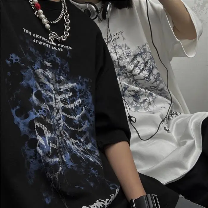 Goth Black Letter Skull Oversized T Shirt Women Flame T-shirt Summer ...