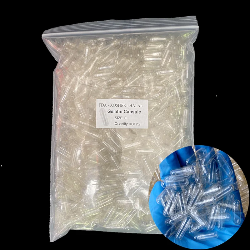 1000 Pcs 결합분리 된 할랄 젤라틴 하드 캡슐 쉘 크기 0 분리 된 젤라틴 캡슐 00 할랄 코셔 젤 캡리필 병