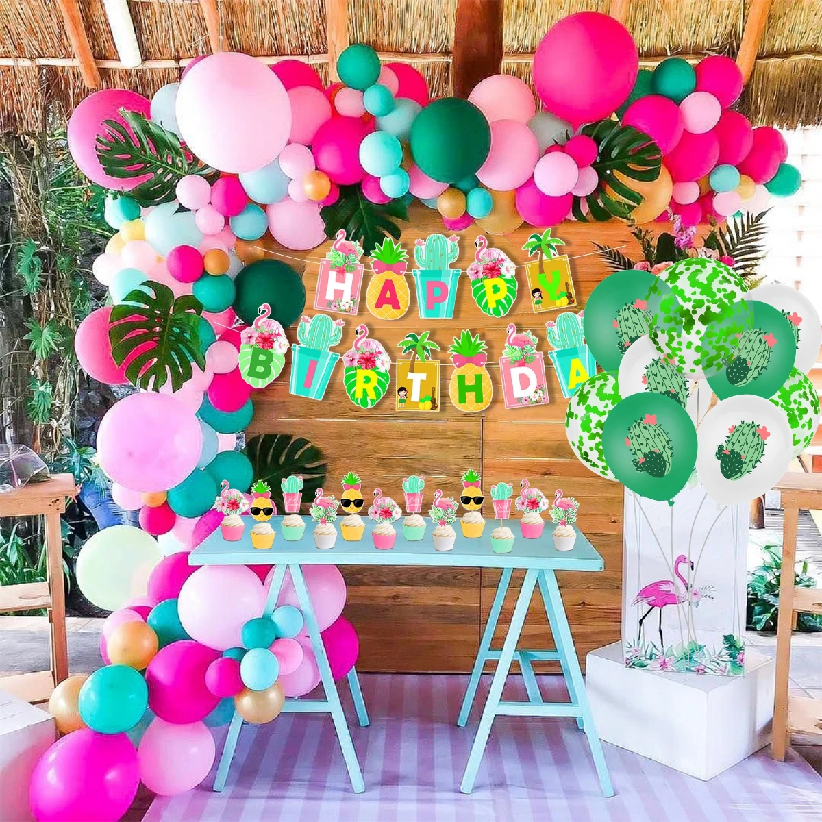하와이 파티 배너 선인장 풍선 여름 열대 플라밍고 파티 호의 하와이 파티 용품 생일 축하 장식파티 Diy 장식품
