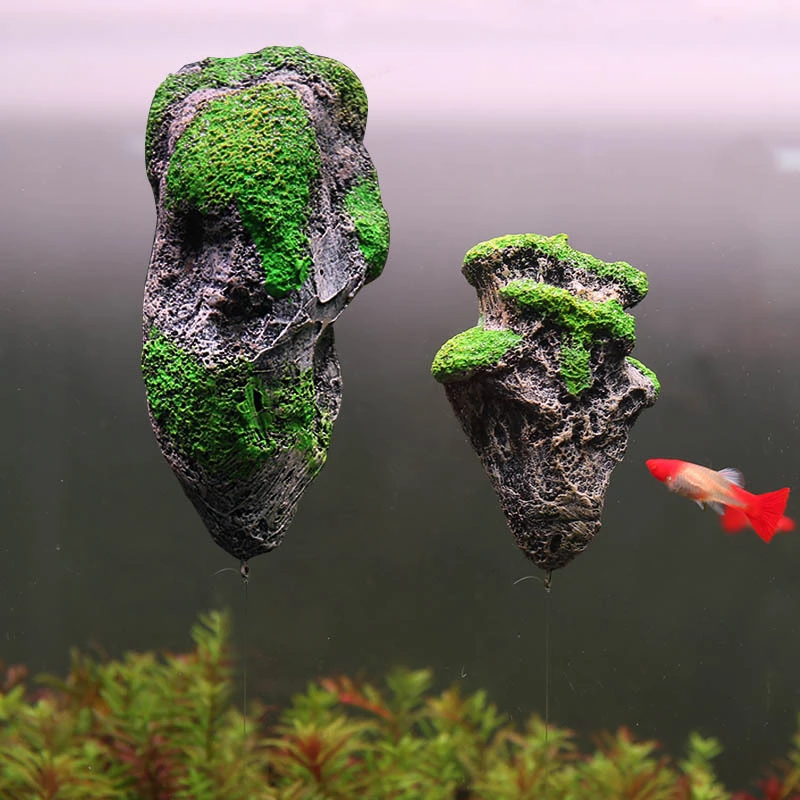 Fish Tank Floating Rock Suspended Artificial Moss Stone Aquarium Plant ...