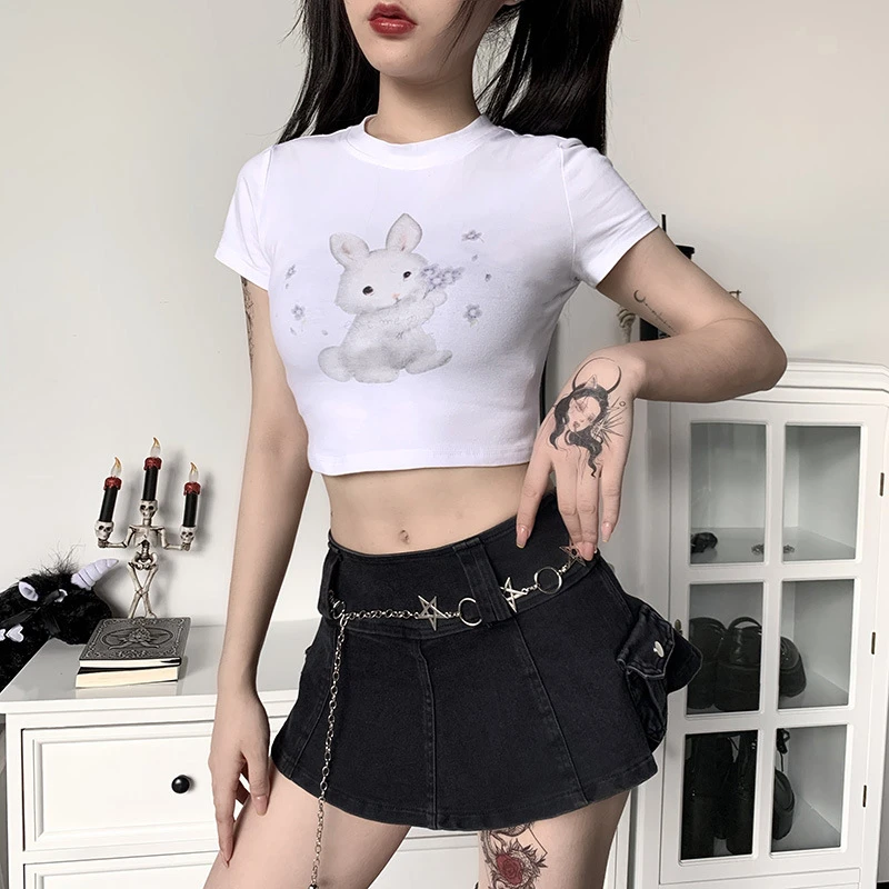 Goth Girl Cute Sweet T-shirt Women Short Sleeve Bunny Printed O-neck ...