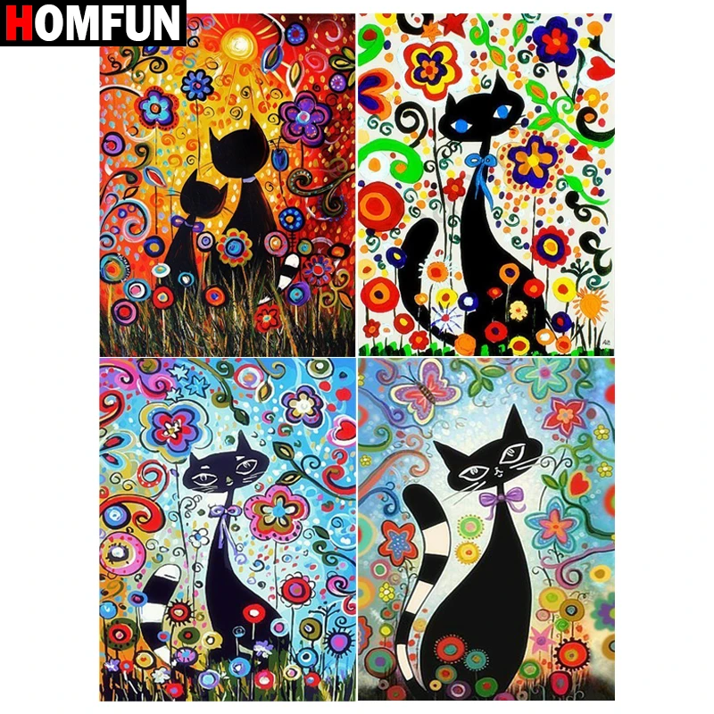 Homfun 5d Diamond "cat Flower Cartoon" Diamond Embroidery Full Round ...