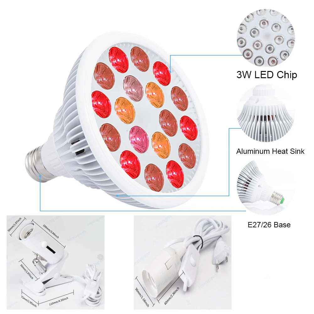 54W LED Red Light Therapy Lamp Anti aging PAR38 Bulb 630nm 660nm Red ...