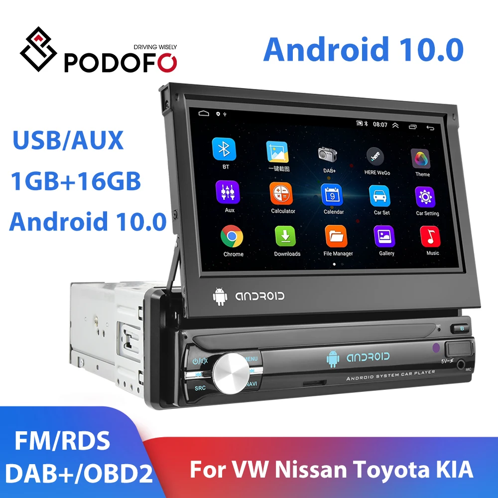 Podofo 1 DIN Android 10.0 Car Radio GPS Stereo Receiver 7" Video Multimedia Player For Universal ...