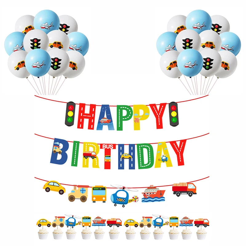 생일 축하 배너 세트 비행기 자동차 선박 수송 배너 화환 풍선 생일 장식 어린이 교통 테마 파티배너 스트리머 And 컨페티