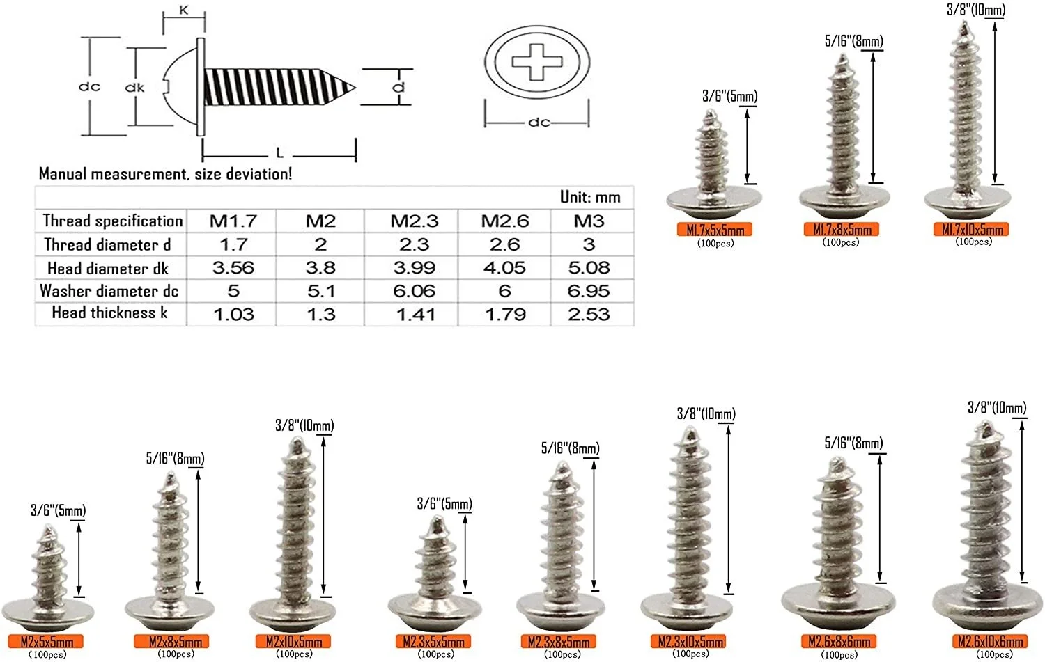 VIS,--Tête ronde cruciforme avec rondelle, 1100 pièces, M1.7 M2 M2.3 M2.6 PWA, vis ...
