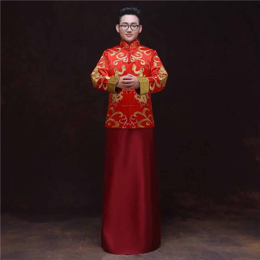 male red cheongsam toast costumes grooms dress jacket long gown ...