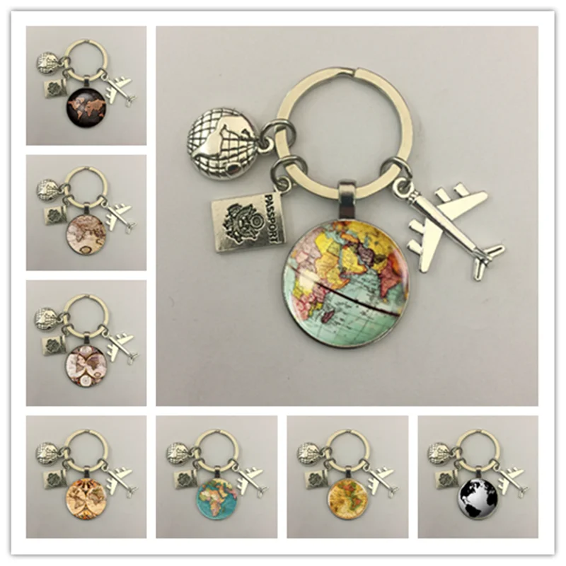 World Map Keychain Travel Exploring Glass Dome Cabachon Aircraft Charm ...