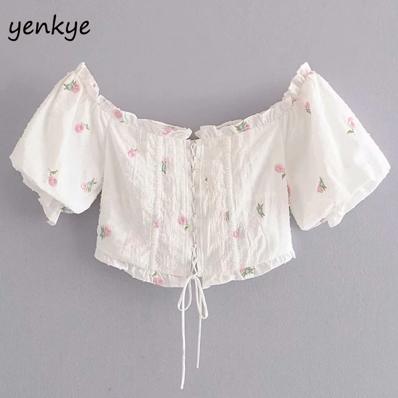 Front Drawstring Sexy Off Shoulder Top Women Puff Sleeve Floral Print ...