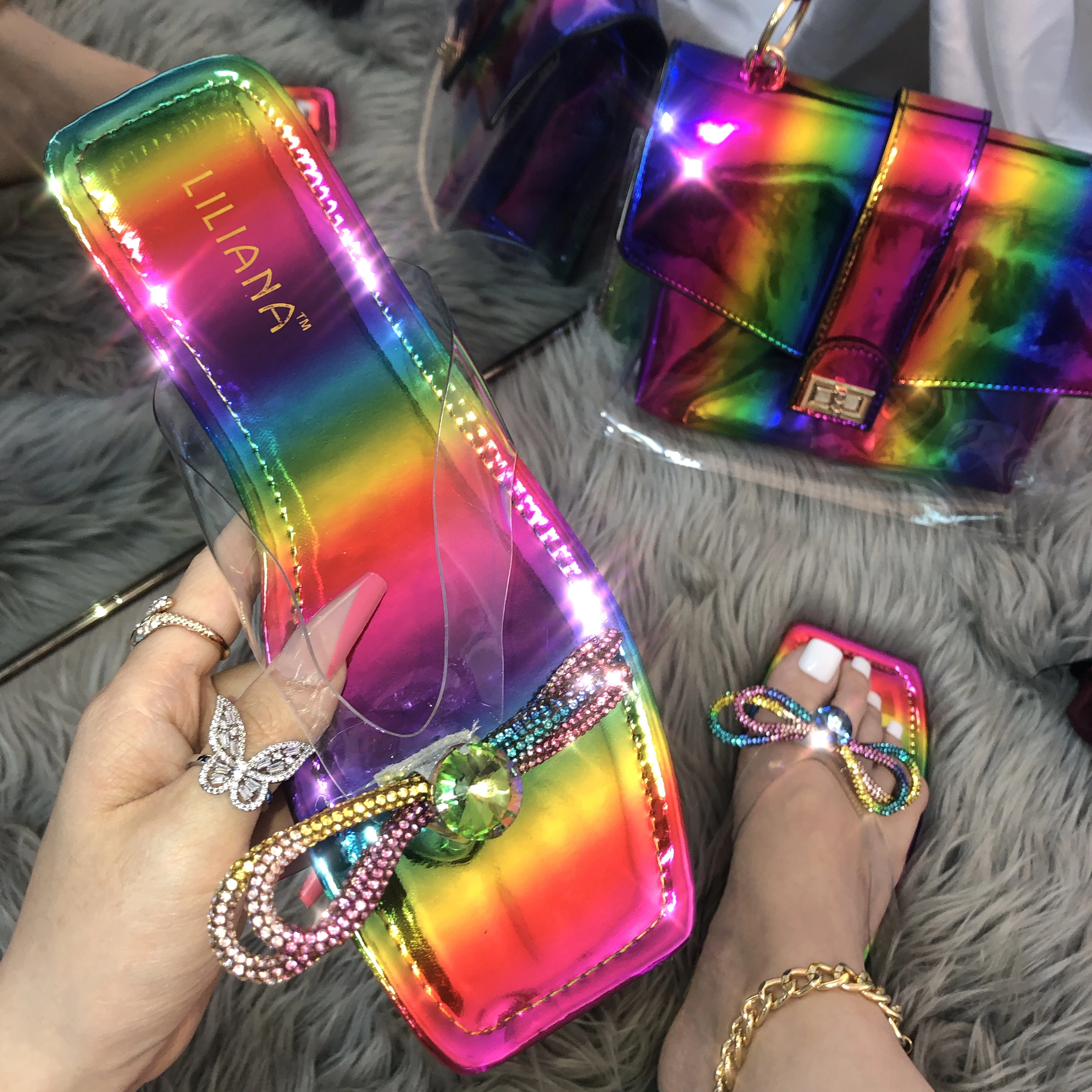 Neon Jelly Purses and Slide Set Rainbow Bow Flip flops and Handbags ...