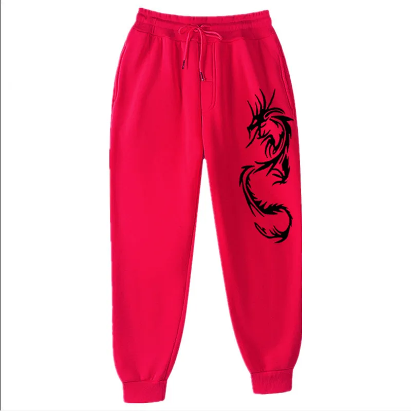 Chinese-Style-Dragon-Print-Long-Pants-Men-Women-Red-High-Waist-Pocket ...