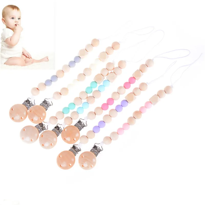 Candy Color Pacifier Clip Chain Holder Wood Silicone Beads Nipple Dummy ...