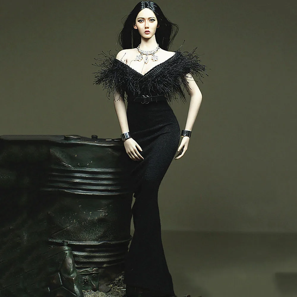 In-Stock-1-6-Scale-Sexy-Female-Figure-V-neck-Black-Fluffy-Tail-Dress ...