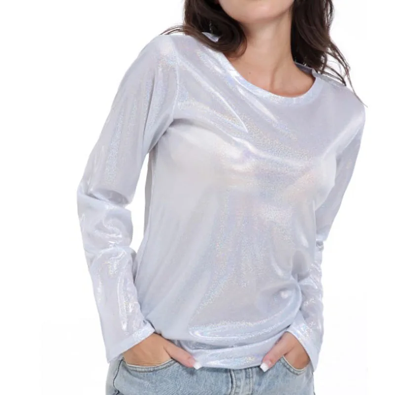 T-Shirt-Women-Glitter-Top-Sequin-Sparkly-O-Neck-Solid-color-Long-Sleeve ...