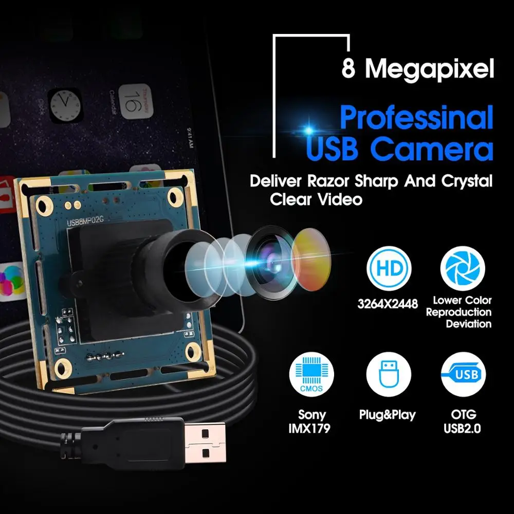 High Resolution IMX179 Sensor 8MP 0.5lux Mini USB Camera Module for Android/Linux/Windows ...