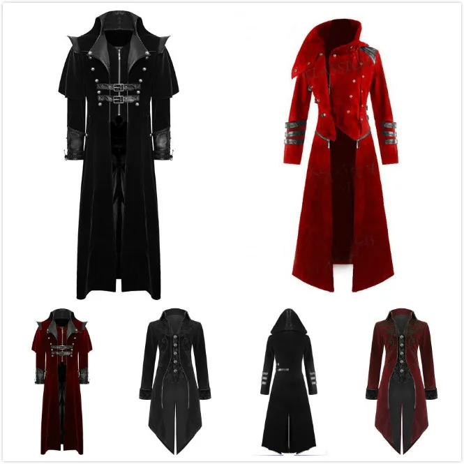 Gothic Steampunk Vintage Medieval Vampire Devil Red Coat Trench Cosplay ...