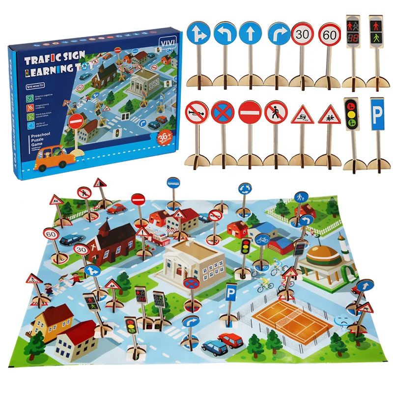Montessori Traffic Road Signs Children Toys Wooden 3d Road Signs Scene ...