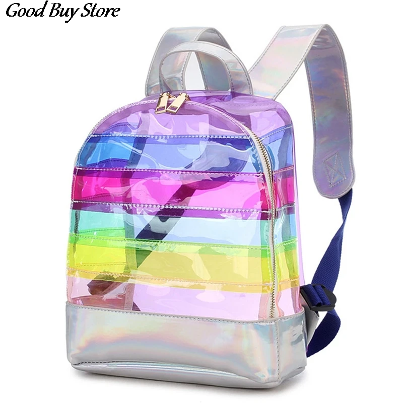 Transparent PVC Backpack Colorful Rainbow Backpacks Women Striped Laser ...
