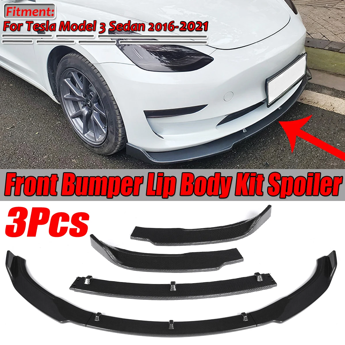 3Piece-Carbon-Fiber-Look-Black-Car-Front-Bumper-Splitter-Lip-Body-Kit ...