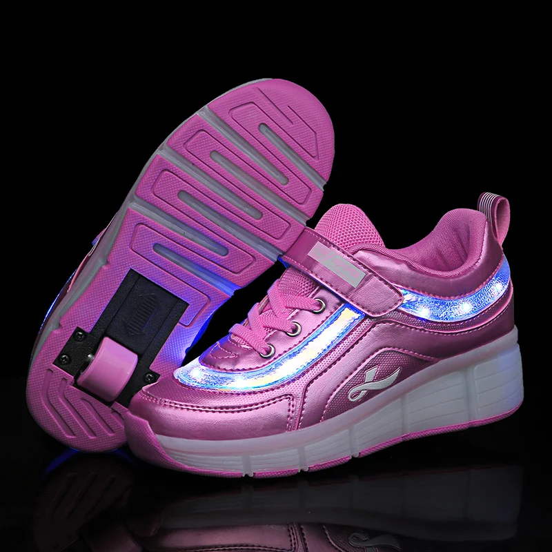 Tênis de skate com rodas e luz led, sapatos preto rosa branco com ...
