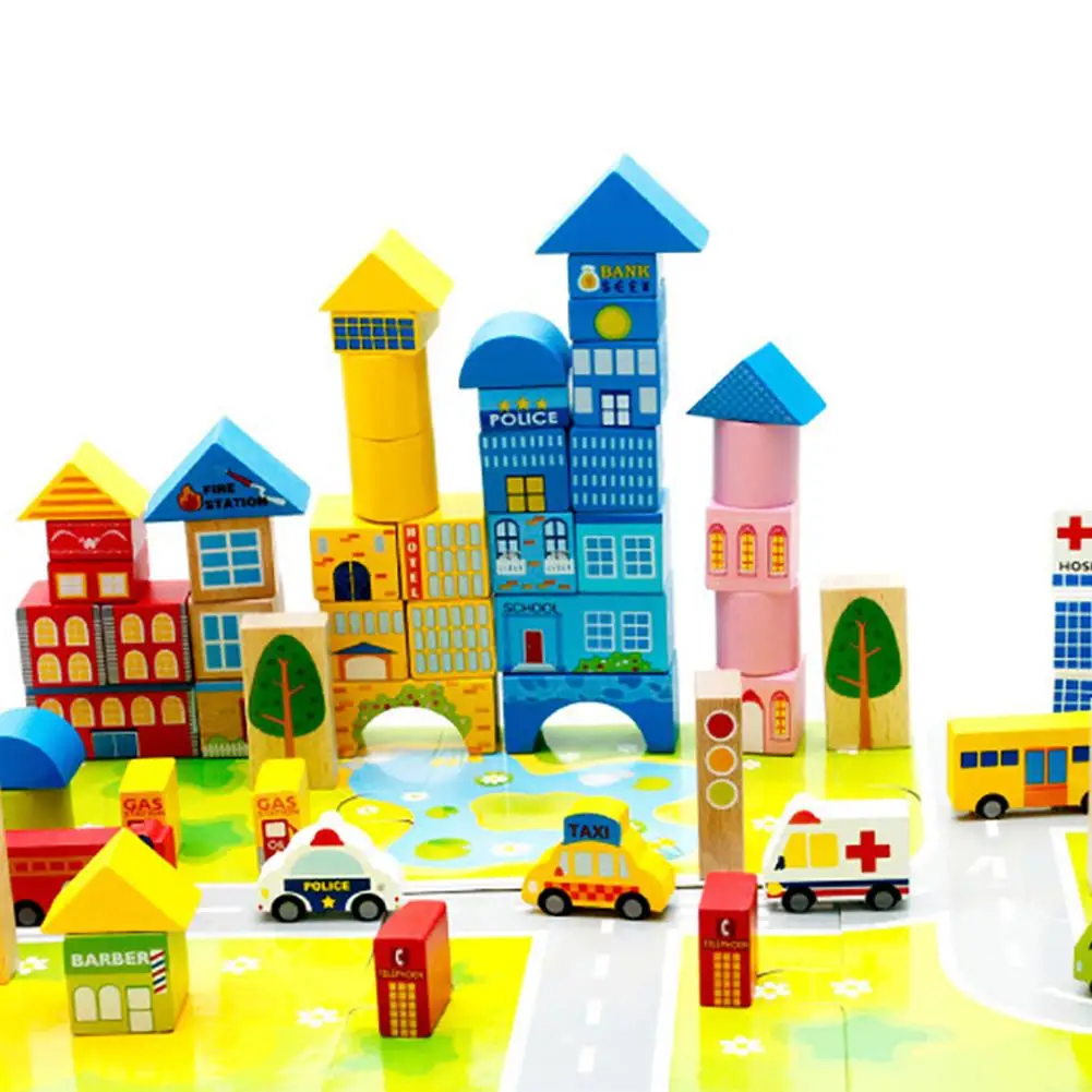 62Pcs Urban City Transportation Building Blocks Wooden Assembly Kids ...