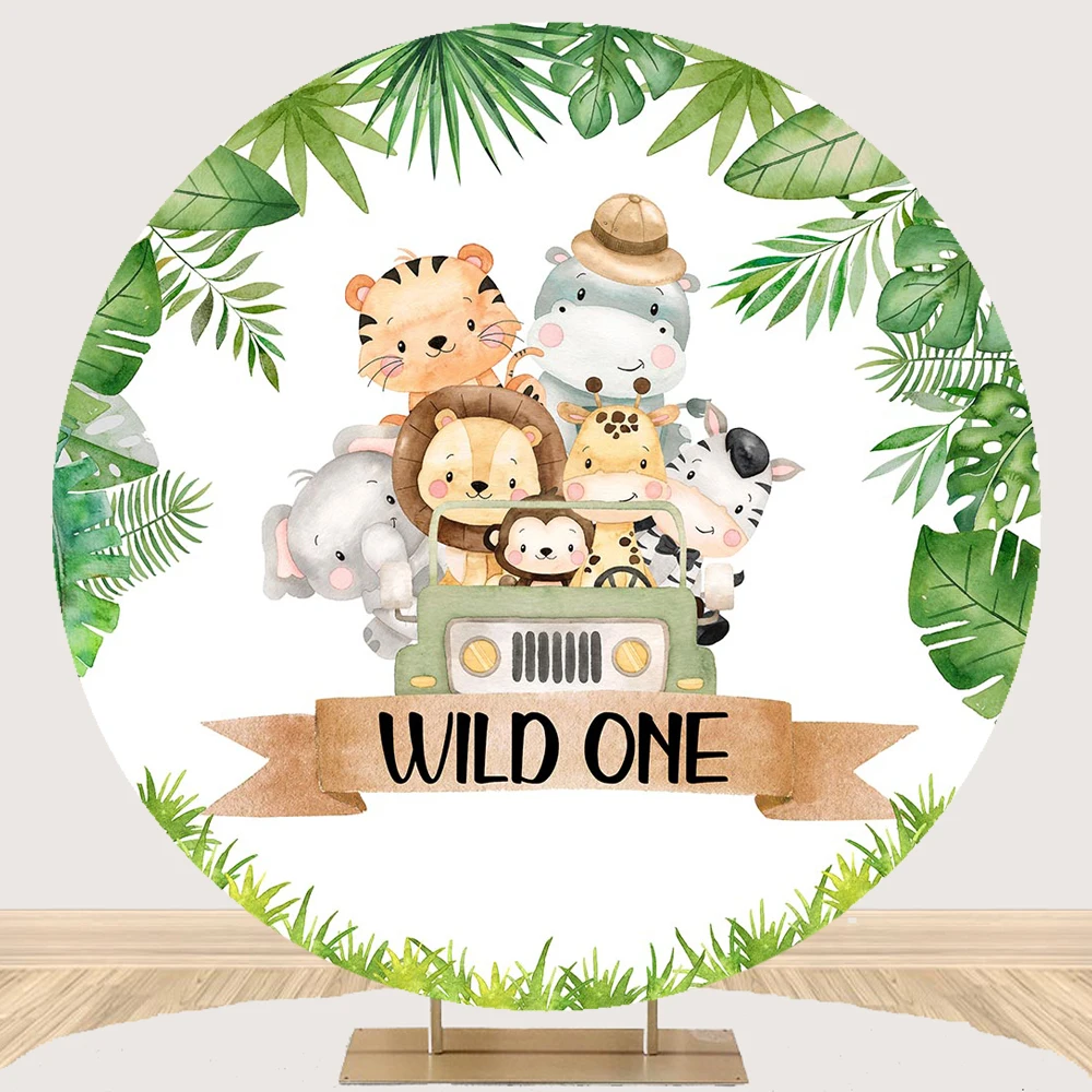 Wild One Round Backdrop Kids 1st Birthday Background Animal Theme Party ...