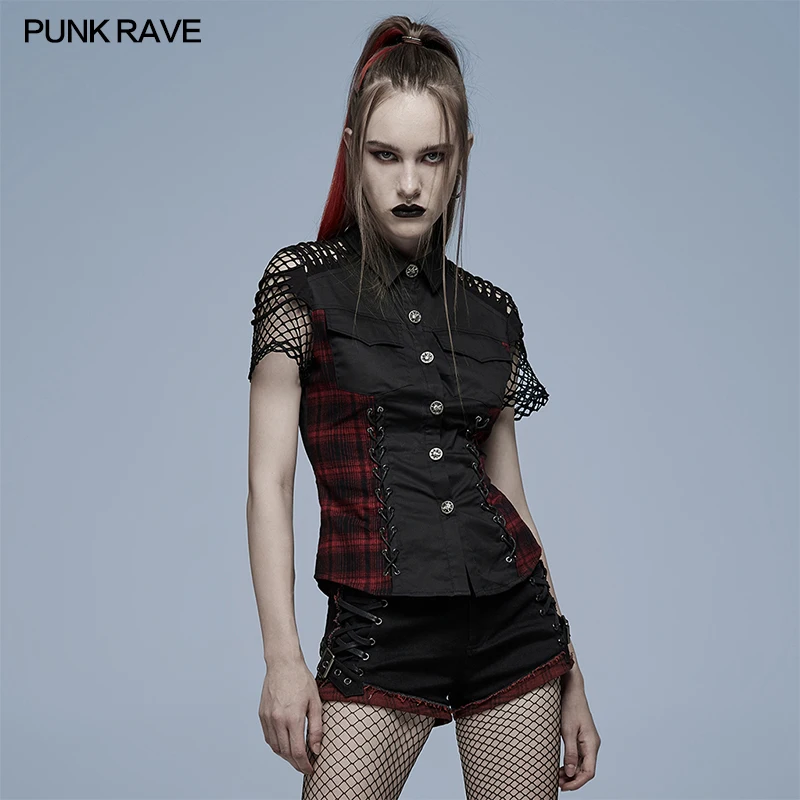 PUNK-RAVE-Women-s-Personalized-Punk-Red-Plaid-Shirt-Mesh-Splicing ...