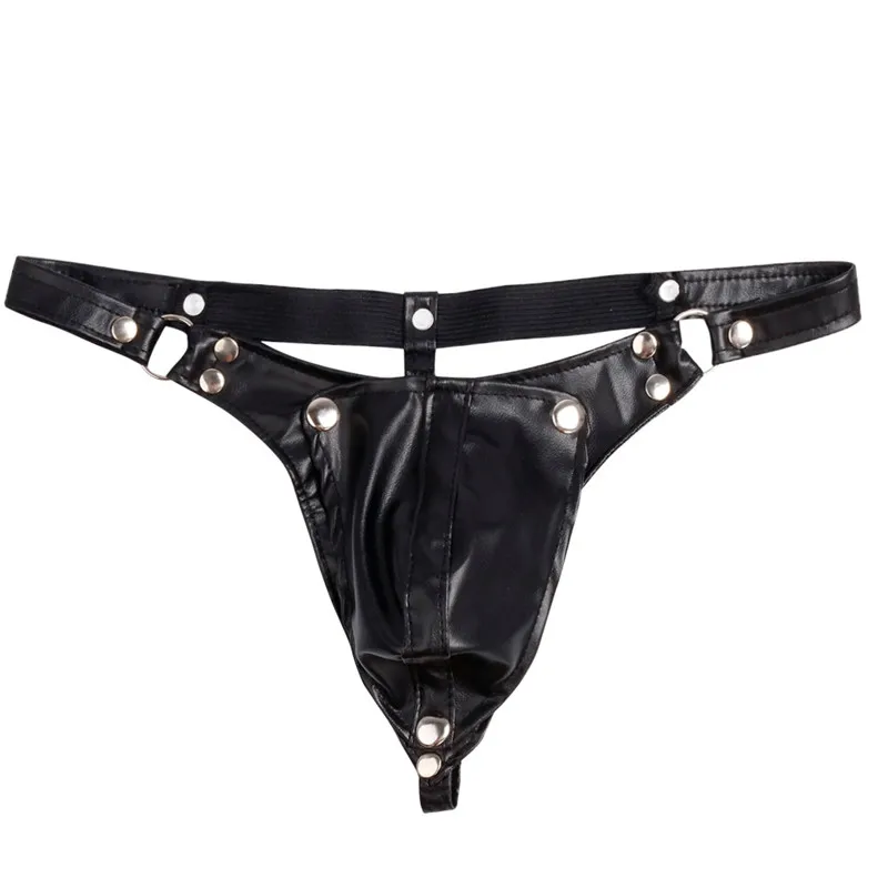TiaoBug Men Swimwear Black Faux Leather Bulge Pouch Crotchless G ...