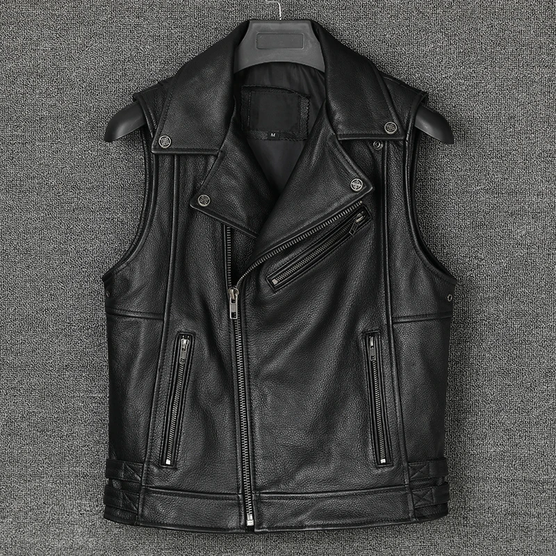New-Genuine-Cowhide-Leather-Vest-Men-s-Oblique-Zipper-Motorcycle-Biker ...