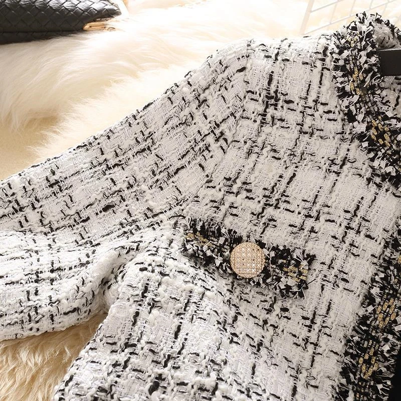 여성반코트 여자 핸드메이드 울 트위드 아우터 하프 자켓 여성 자른 코트 빈티지 오 넥 오픈 스티치 술 슬림 체크 무늬 한국 긴 소매 블렌드 아웃웨어 탑 네이버 블로그