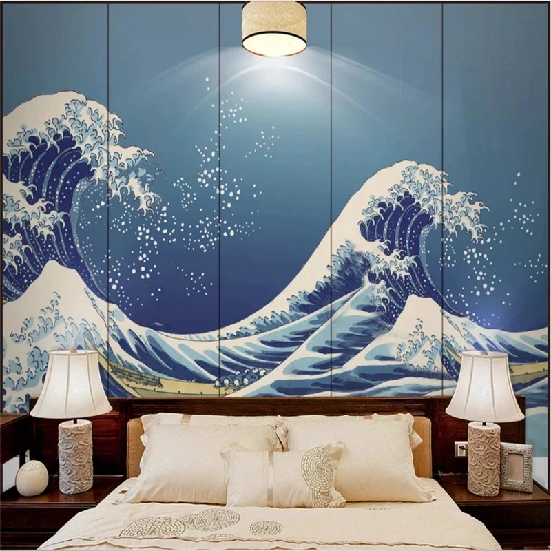 Japanese Ukiyo-e Wave Blue Background Mural Wallpapers For Living Room ...